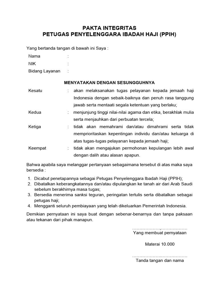 Contoh Surat Pakta Integritas Petugas Haji 2024 | PDF