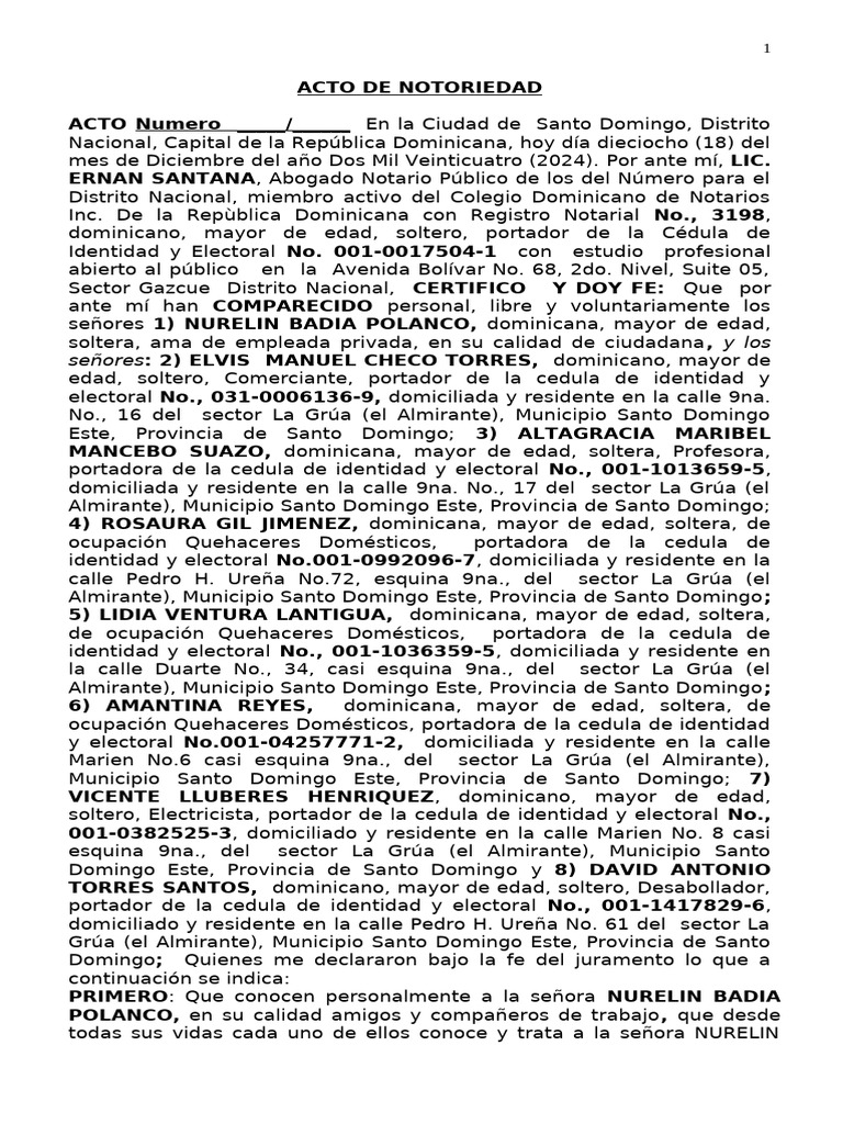 Acto de Notoriedad Nurelin 02 | PDF | República Dominicana | Derecho ...