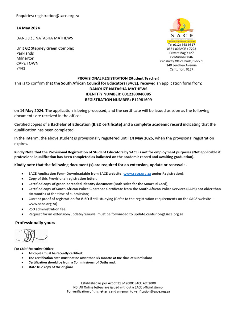 Provisional Registration Confirmation SACE | PDF