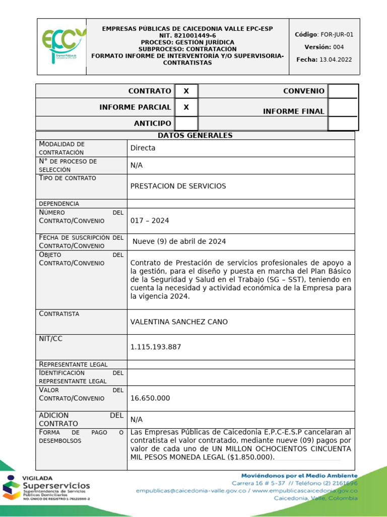 For-Jur-01 Informe Interventoria Supervision Contratista | PDF