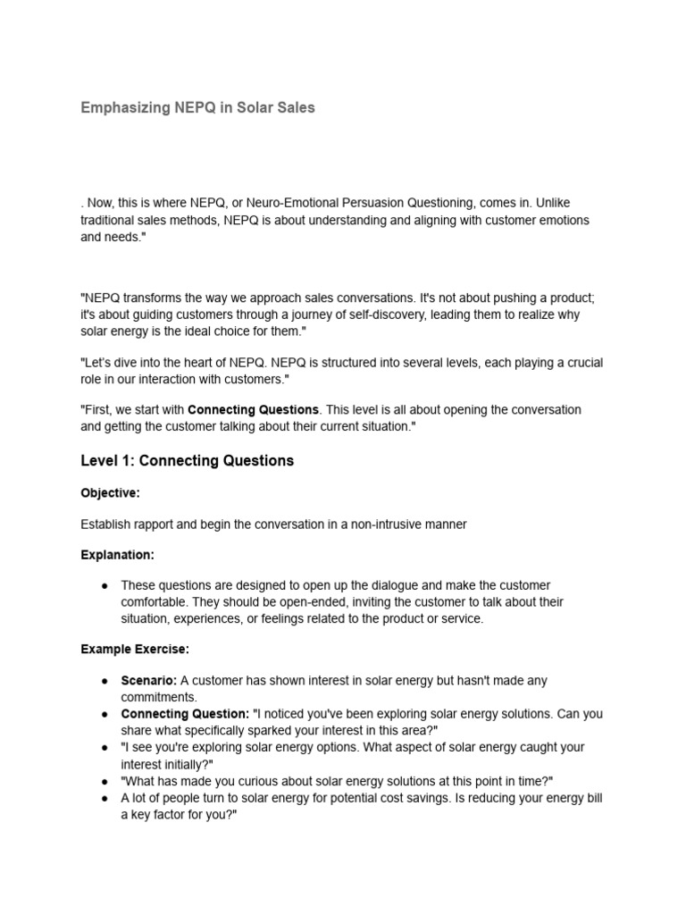 Emphasizing NEPQ in Solar Sales | PDF | Sustainability | Thought