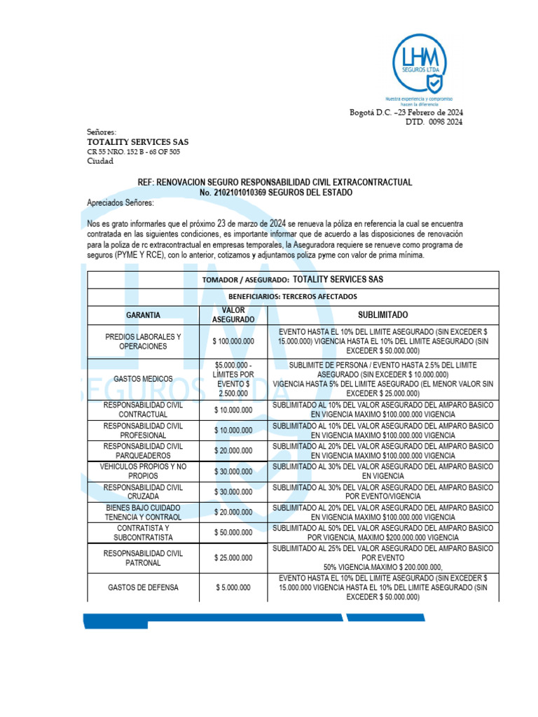 Totality Services Sas | PDF | Póliza de seguros | Derecho empresarial