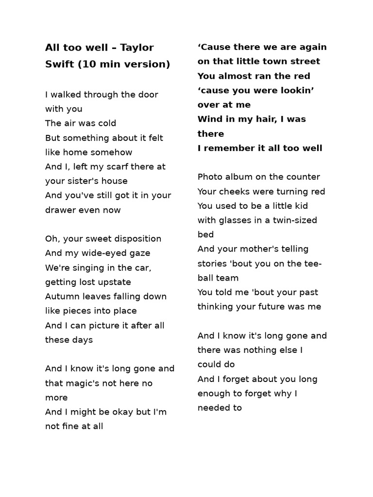 All Too Well: 10-Minute Lyrics | PDF