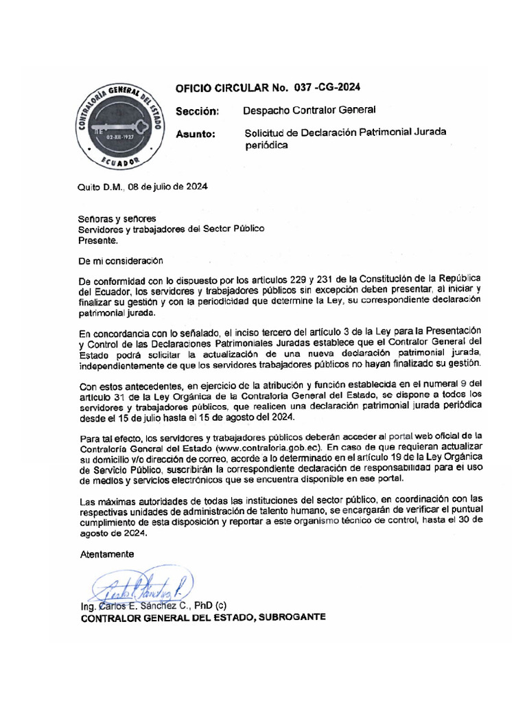 Oficio Circular No. 037-cg-2024 Del 08-Julio-2024 | PDF