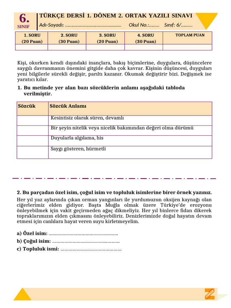 6.sinif 1. Donem 2.yazili Z Turkce Meb Senaryo 6 | PDF