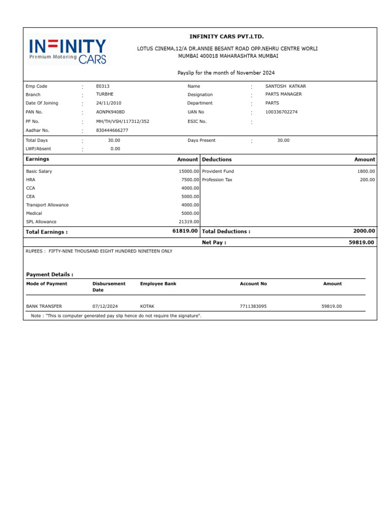 Payslip For The Month of November 2024 | PDF | Payments | Employment ...