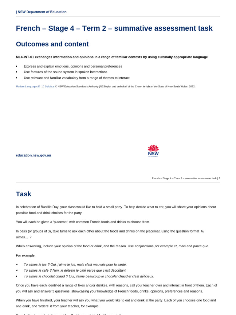 Modern Languages s4 French Term 2 Summative Assessment Task | PDF ...
