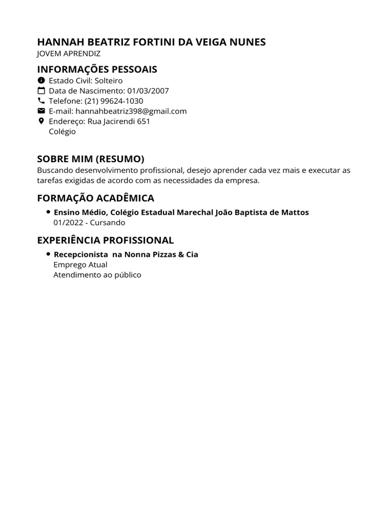 Currículo - Hannah Beatriz Fortini Da Veiga Nunes | PDF