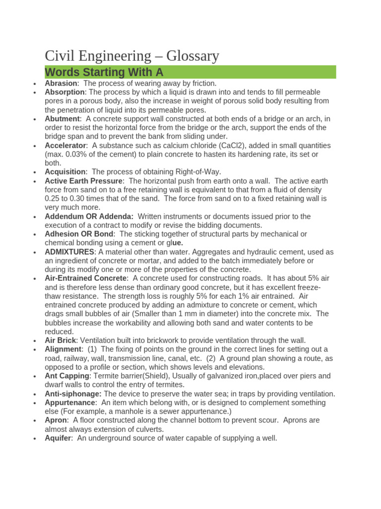 Civil Engineering Glossary: A to B Terms | PDF | Concrete | Lime (Material)