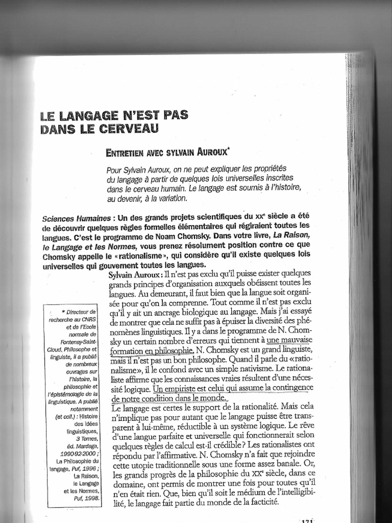 Auroux, Le Langage N'est Pas Dans Le Cerveau | PDF