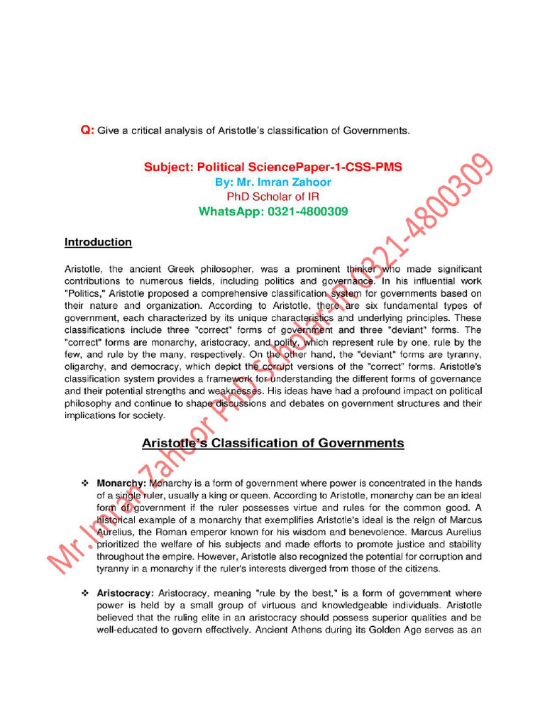 Solved Question Aristotle Classification of Governments | PDF