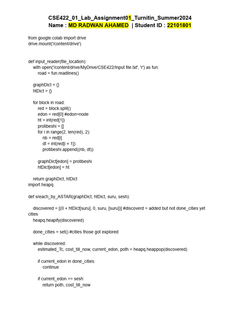 CSE422 Lab: A* Search Implementation | PDF