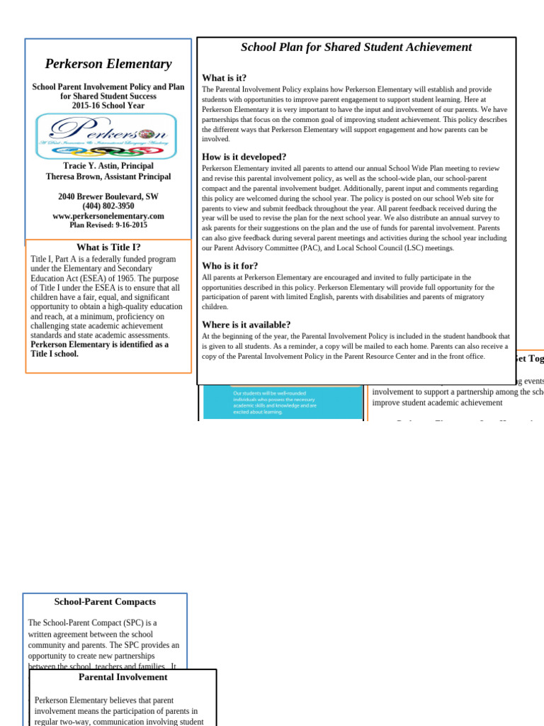 Perkerson Elementary Parent Involvement Plan | PDF | Elementary And ...
