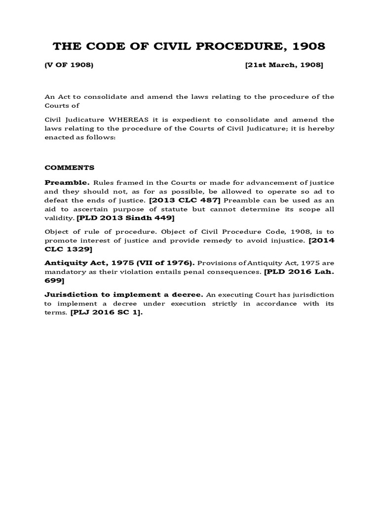 Code of Civil Procedure 1908 Overview | PDF | Lawsuit | Jurisdiction
