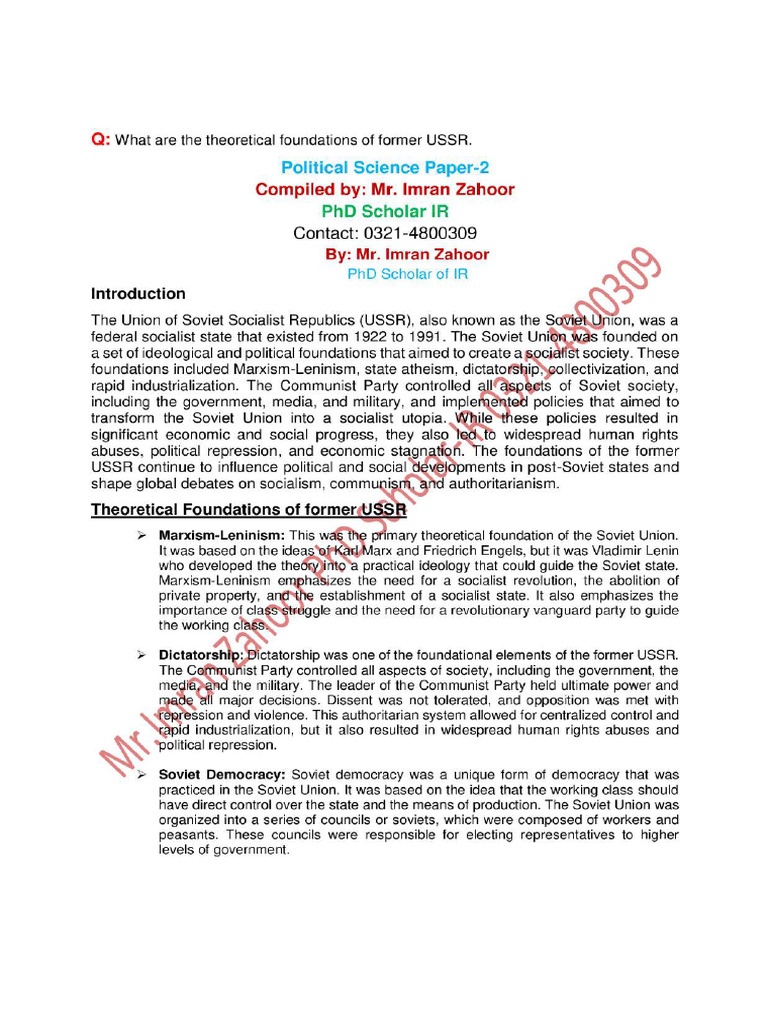 Solved Question Theoratical Foundations of Former USSR | PDF