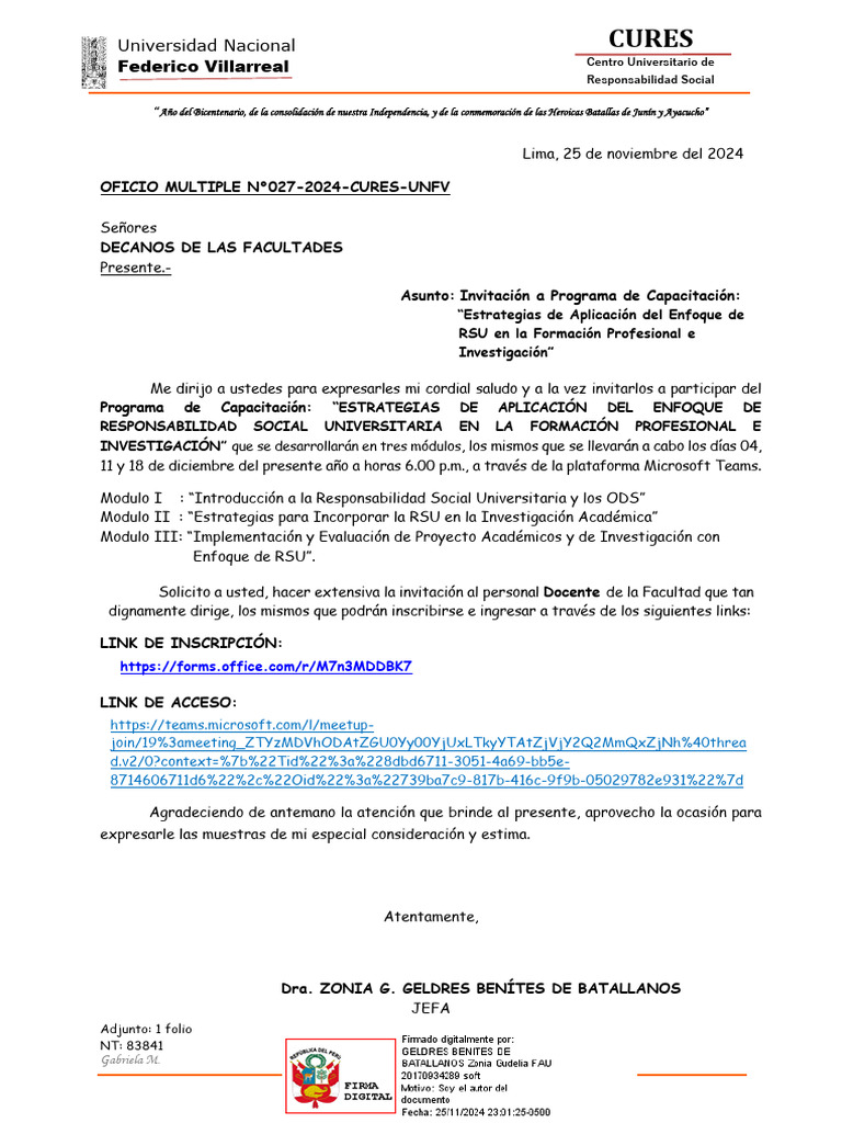 Oficio Mult. #027-2024-Cures-Unfv - Invitacion Programa de Capacitacion Docente - Nt. 083841 ...