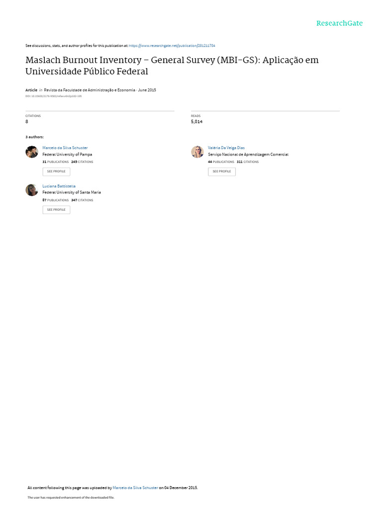 Maslach Burnout Inventory - General Survey (MBI-GS) Aplicação em | PDF ...