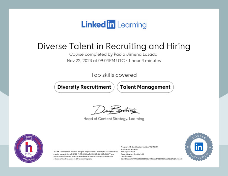 CertificateOfCompletion - Diverse Talent in Recruiting and Hiring | PDF