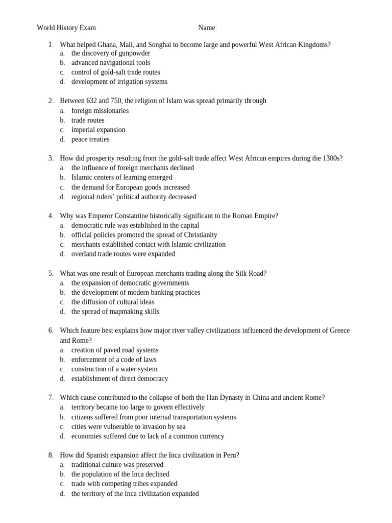 World History Semester 1 Final Exam | PDF | Roman Empire | Middle Ages
