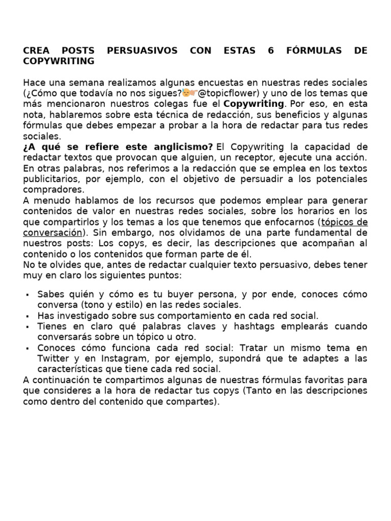 6 FORMULAS DE COPYWRITING | PDF | Redaccion | Blog