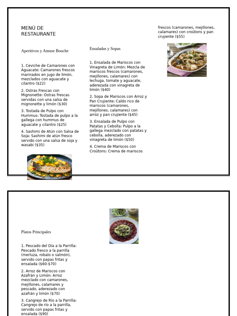 MENÚ DE RESTAURANTE Tarea | PDF | Mariscos | ensalada