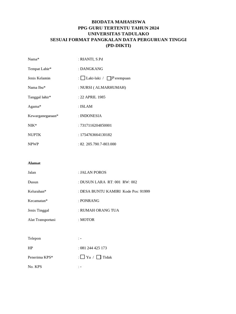 Biodata - PPG - UNTAD 2024 | PDF
