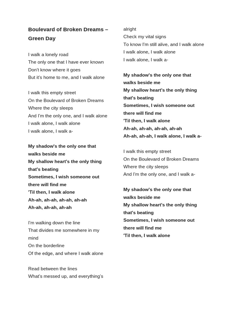 Boulevard of Broken Dreams Lyrics | PDF