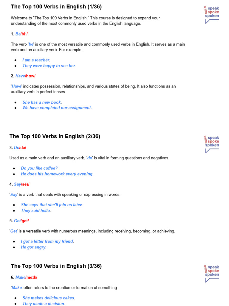 Top 100 English Verbs Explained | PDF | English Language | Verb