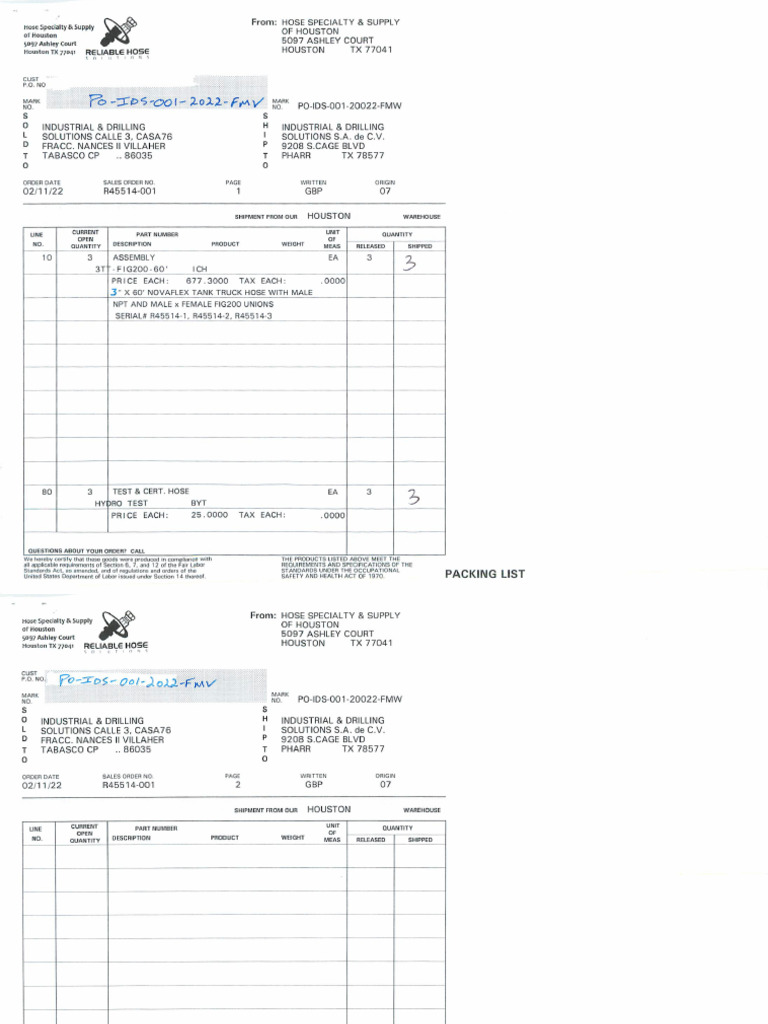 Indrill (Mexico) PO# IDS-001-2022-FMV Packing SLip | PDF