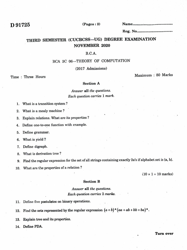 BCA Theory of Computation Exam 2020 | PDF | Automata Theory | Syntax ...