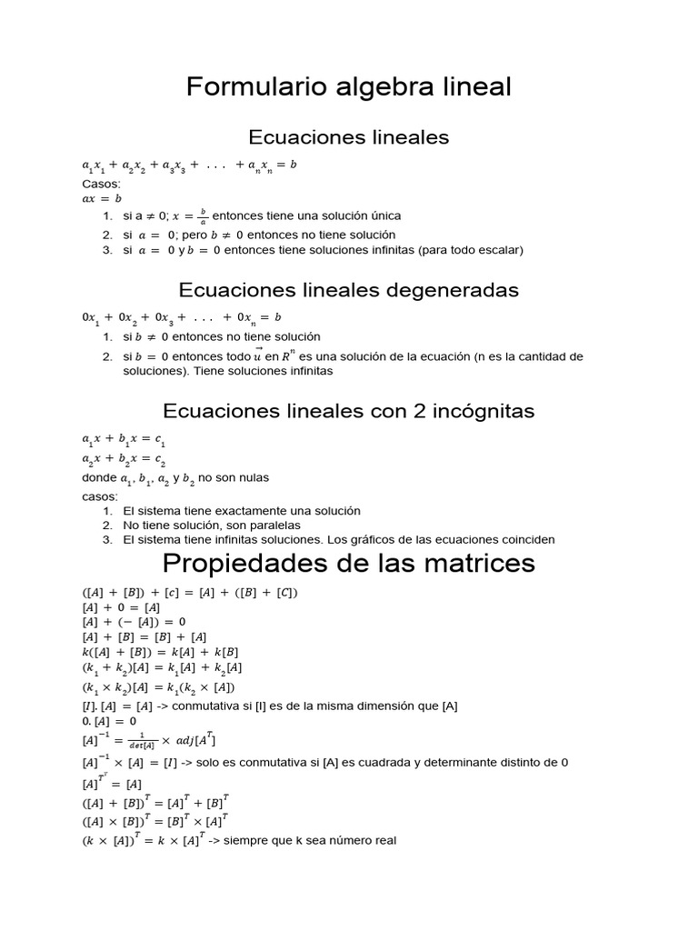 Formulario Algebra Lineal | PDF | Ecuaciones | Matriz (Matemáticas)