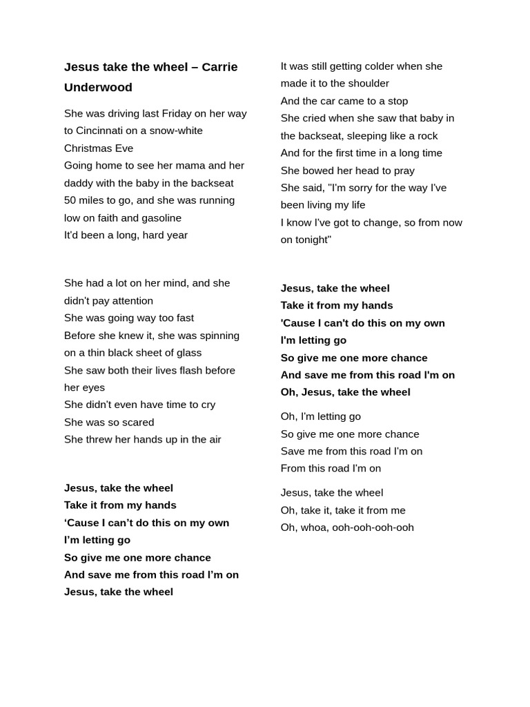 Jesus Take The Wheel - Carrie Underwood | PDF