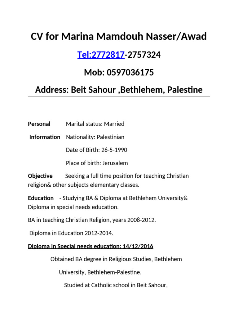 CV of Marina Mamdouh Nasser/Awad | PDF