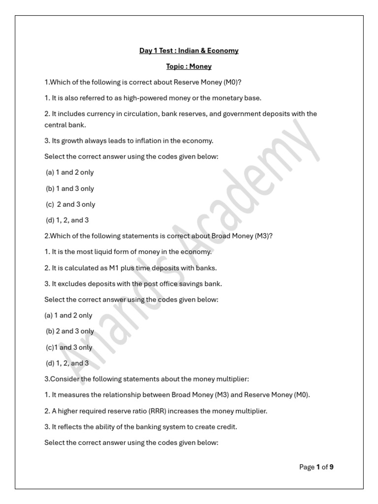 Day 1 Test - Indian Economy - 49530793 - 2025 - 01 - 02 - 21 - 12 | PDF