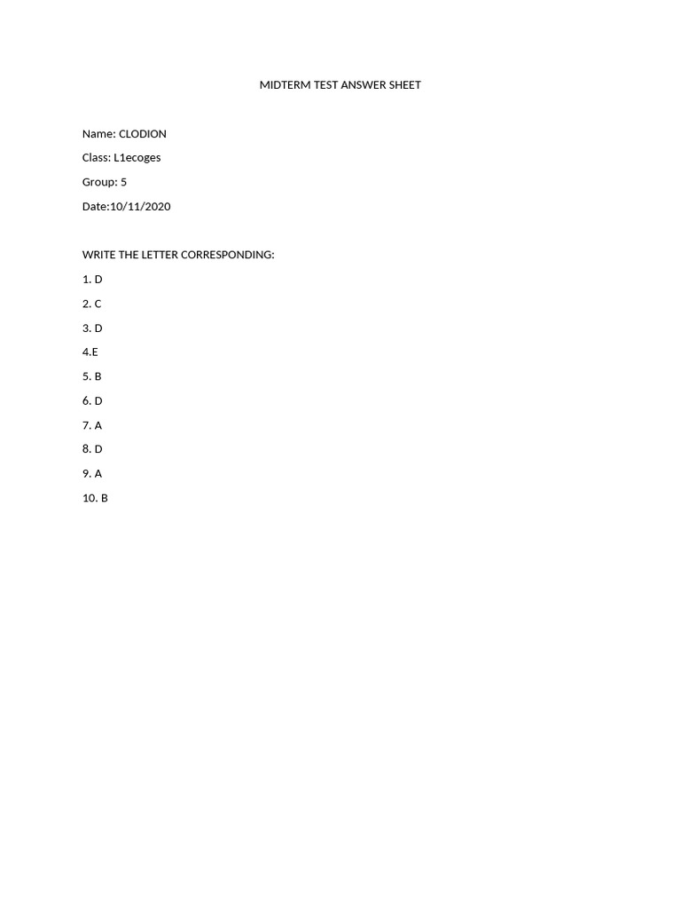 Answer Sheet Midterm Test S1 Pdf