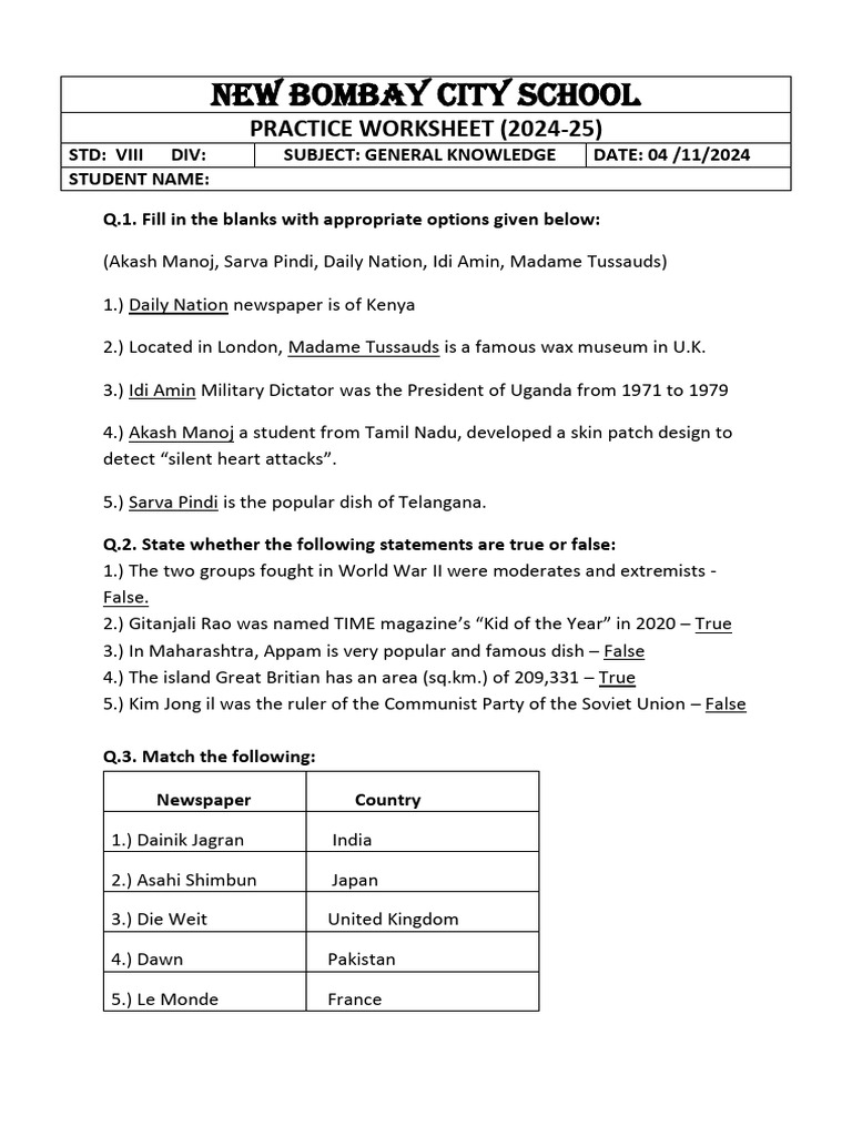 General Knowledge Practice Worksheet | PDF