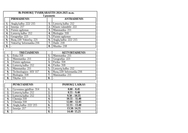 Pamoku Tvarkarastis 8b I Pusmetis | PDF