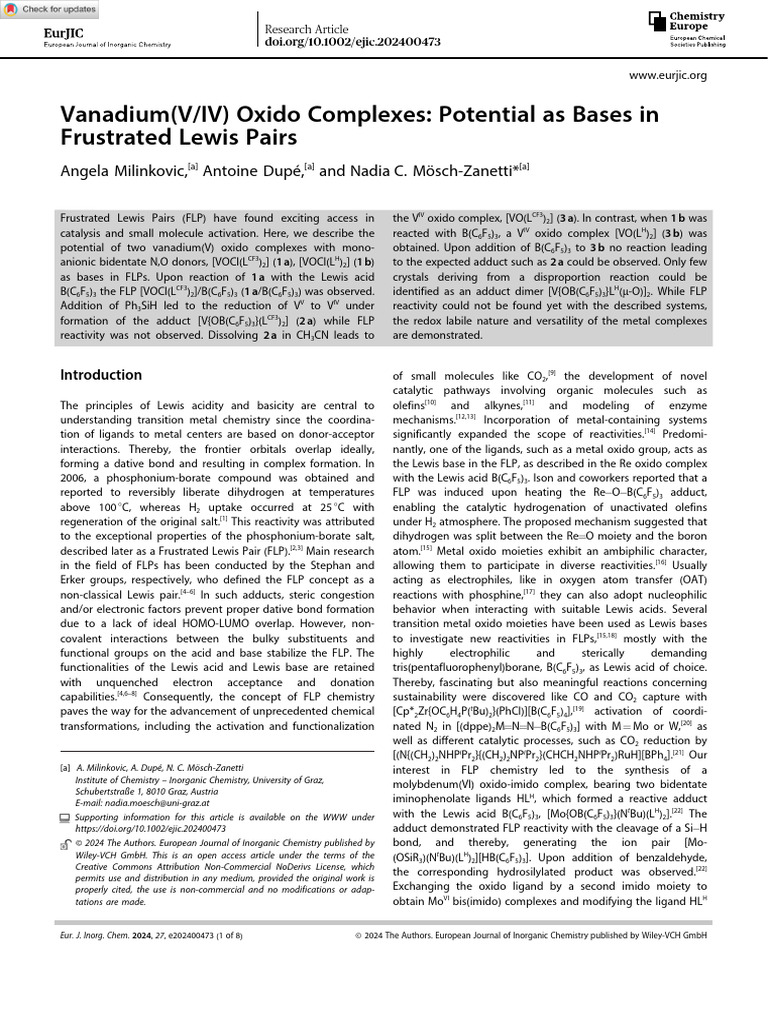 Eur J Inorg Chem - 2024 - Milinkovic - Vanadium V IV Oxido Complexes Potential As Bases in ...