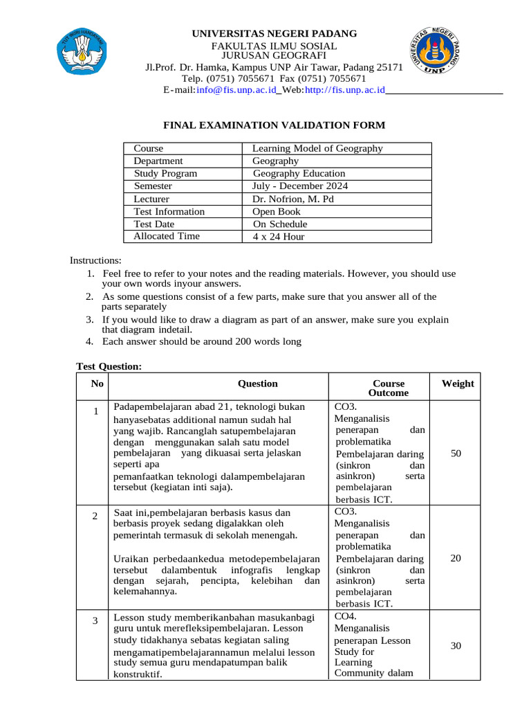 Formulir Ujian Akhir Geografi UNP | PDF