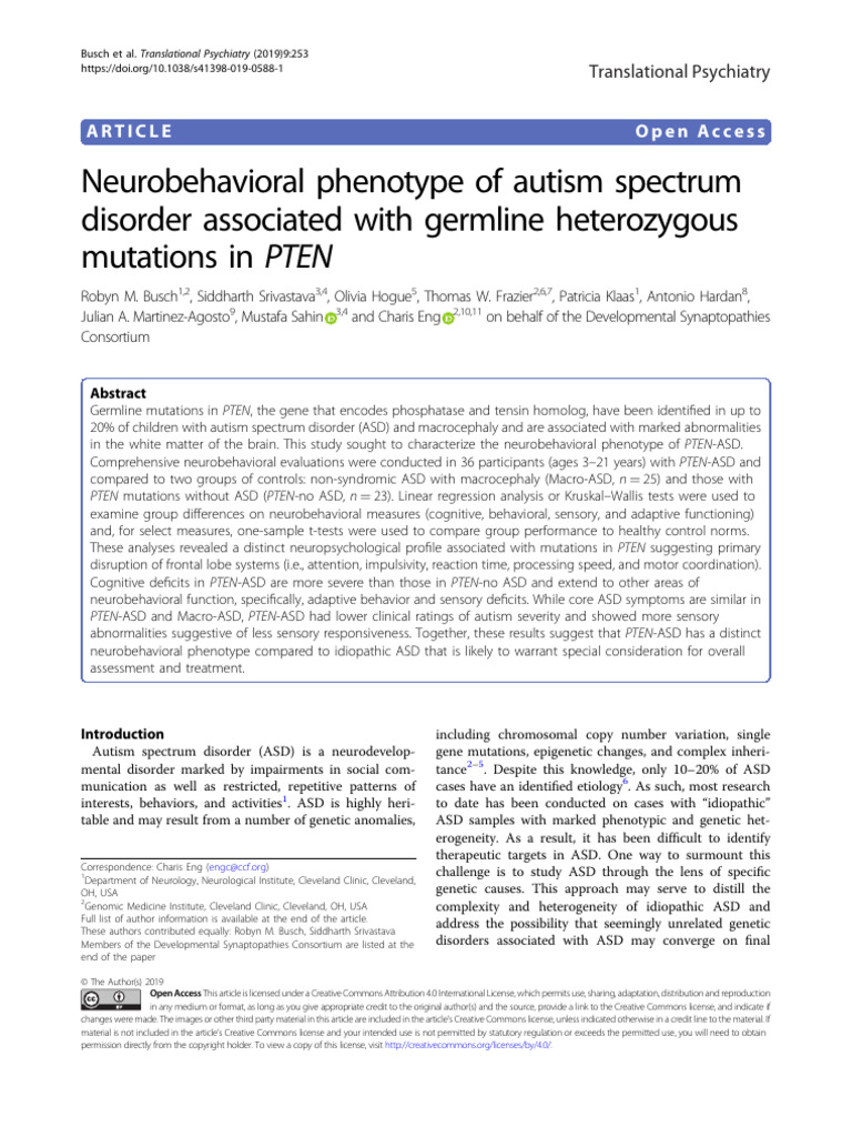 Neurobehavioral Phenotype of Autism Spectrum Disorder Associated With Germline Heterozygous ...
