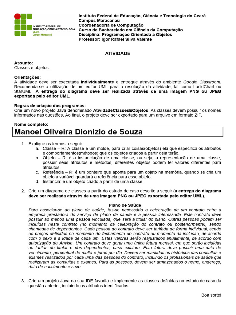 Atividade de POO: Classes e Objetos | PDF | Classe (programação de ...