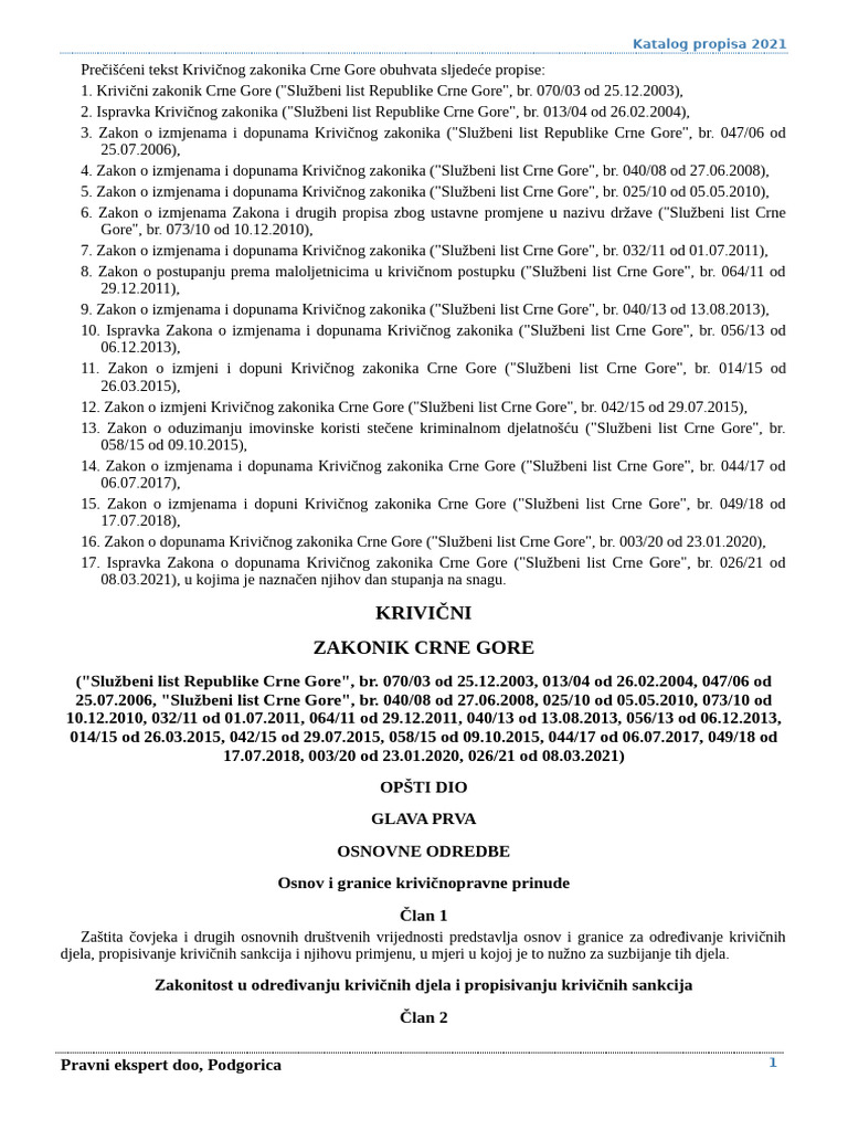 Krivicni Zakonik Crne Gore | PDF
