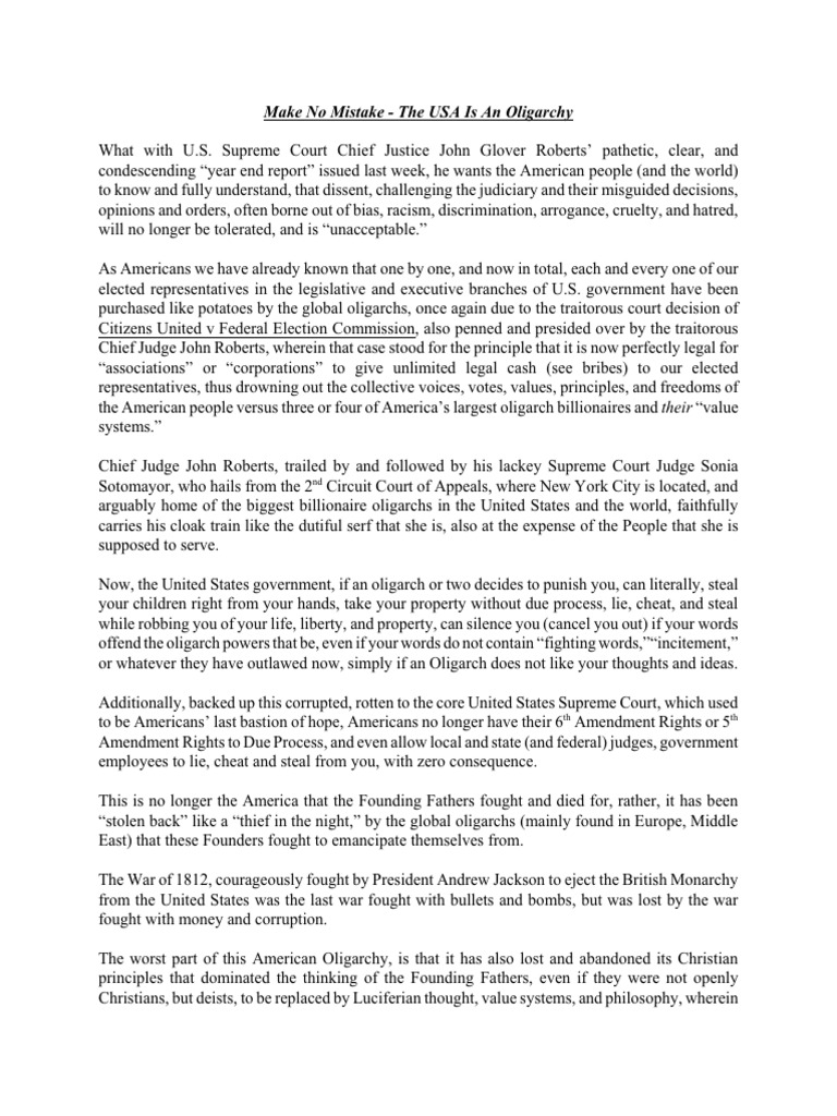 Make No Mistake - The USA Is An Oligarchy | PDF | John Roberts | Oligarchy
