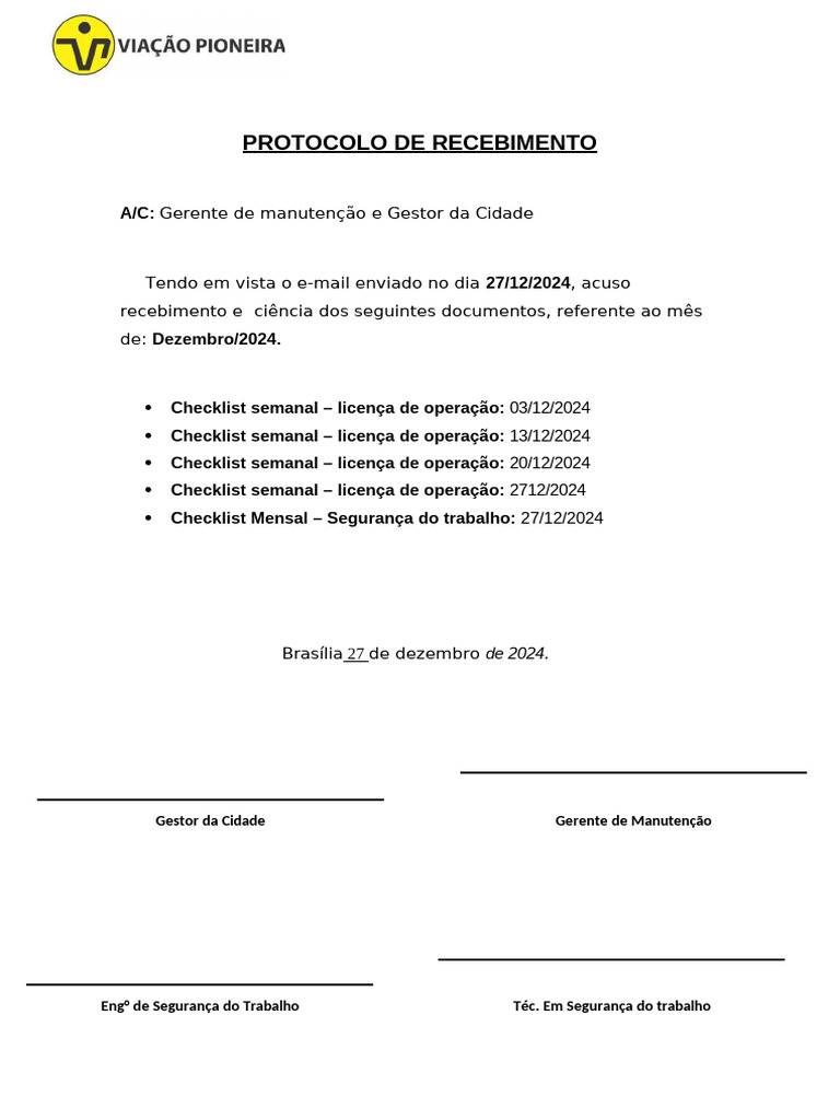 PROTOCOLO DE RECEBIMENTO - CHECKLIST (1) | PDF