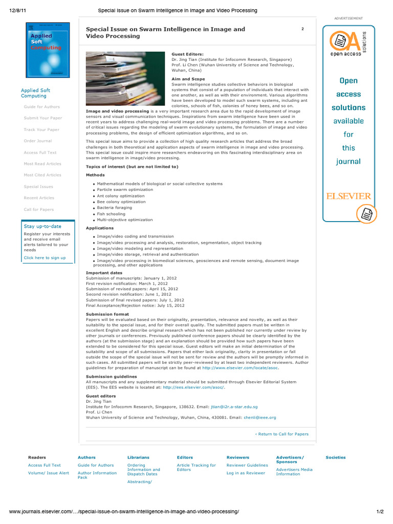 CFP Special Issue On Swarm Intelligence in Image and Video Processing | PDF | Mathematical ...