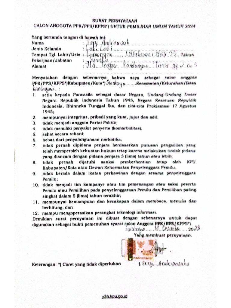 surat pernyataan kpps | PDF