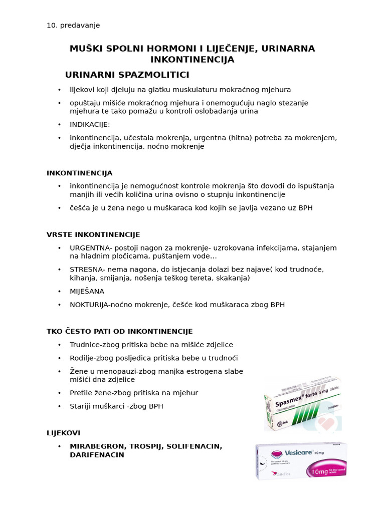 Predavanje - MUŠKI SPOLNI HORMONI I LIJEČENJE, URINARNA INKONTINENCIJA | PDF