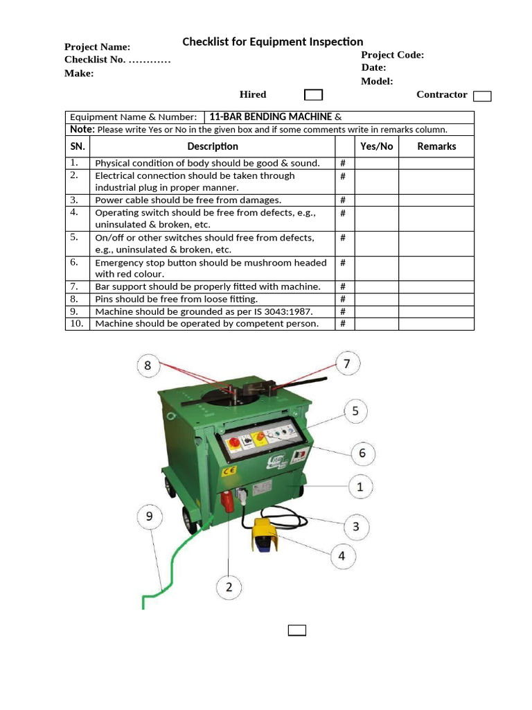 Checklist For Equipment Inspection Bar Bending Machine | PDF