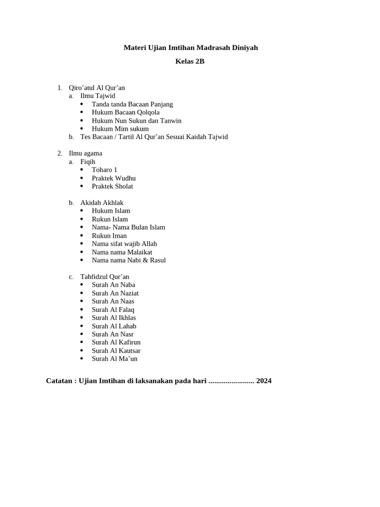 Materi Ujian Imtihan Kelas 2B | PDF