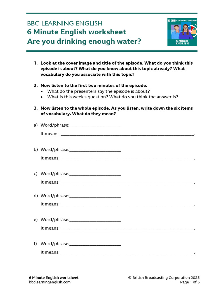 6 Minute English Are You Drinking Enough Water Worksheet | PDF ...
